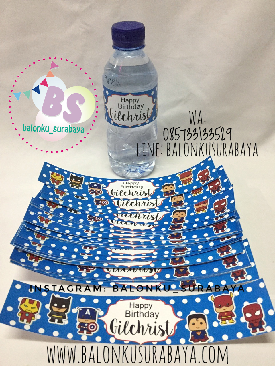 Sticker label Air mineral Custom Tema Superhero – Balonku Surabaya