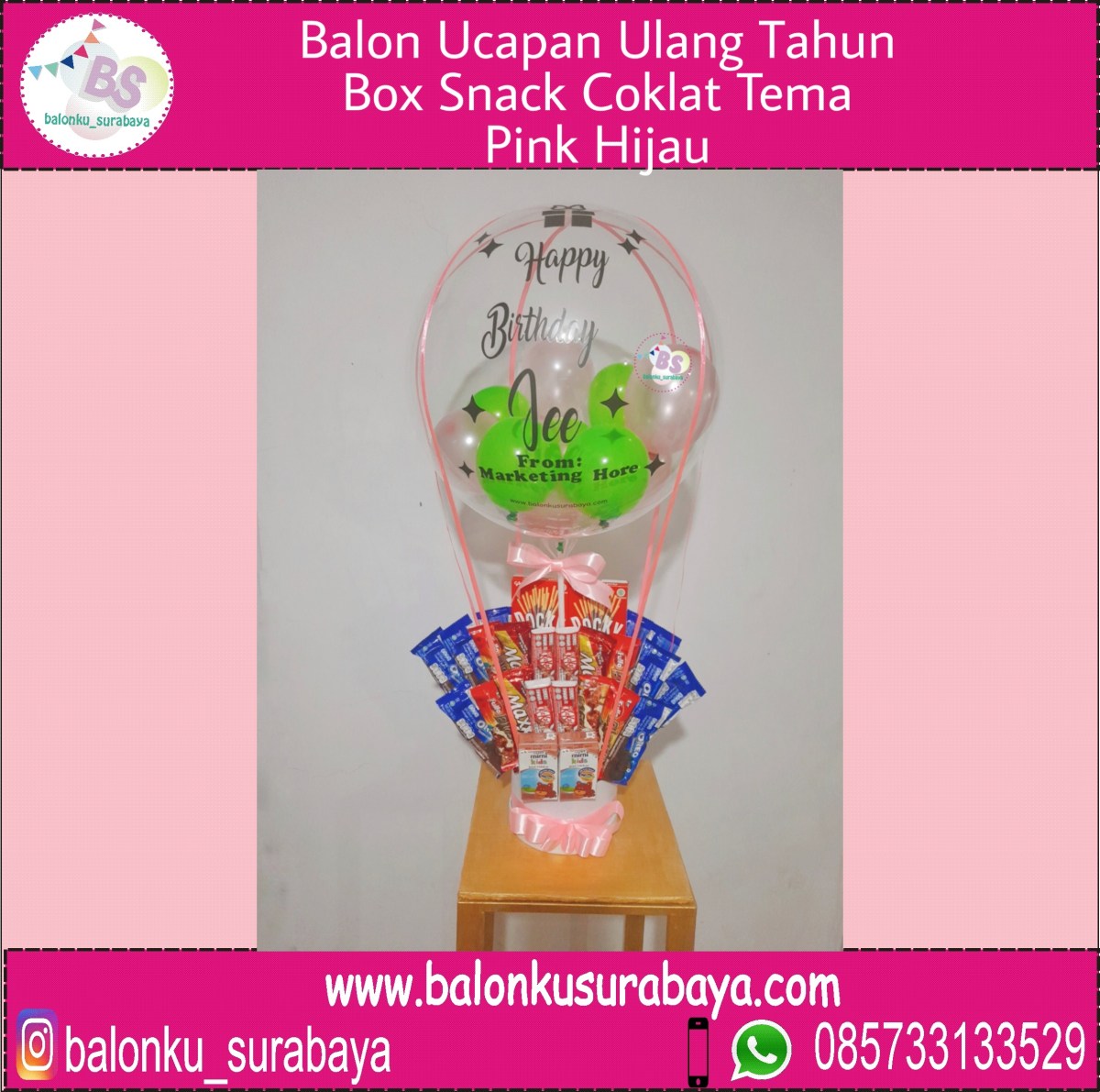Jual Parcel Balon Ucapan Ulang Tahun Box Snack Coklat Tema Pink Hijau ...